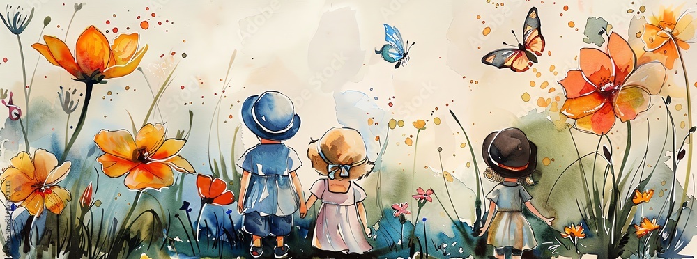 Cheerful children playing in an enchanted park as the seasons ...