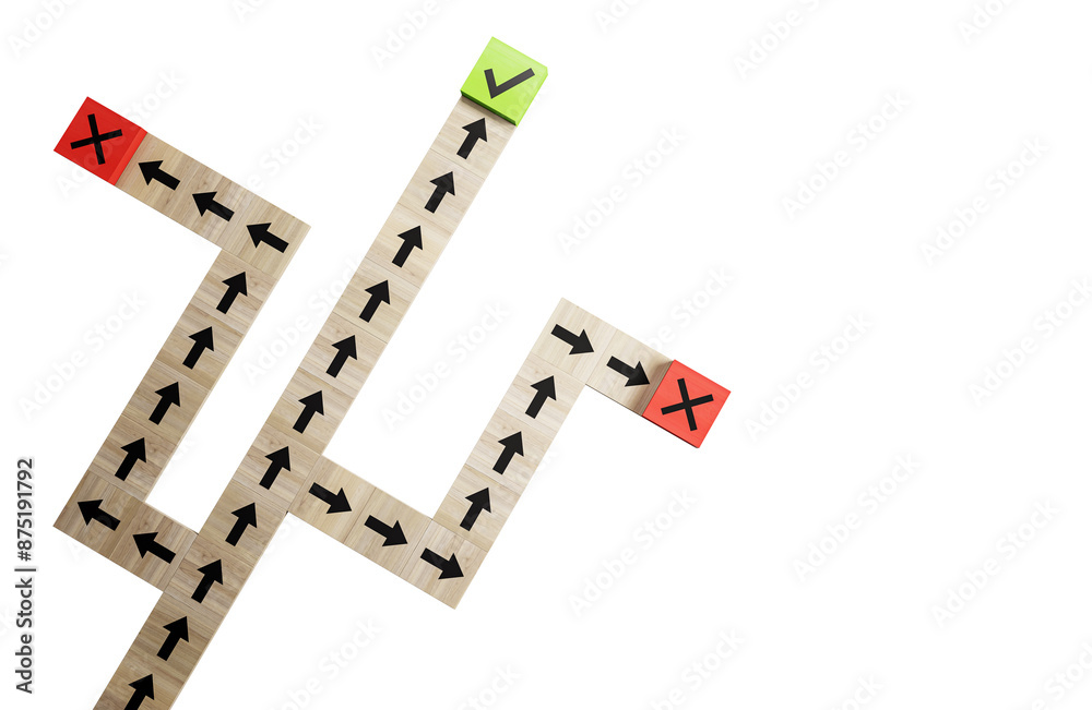 Wooden pathway with arrows, green check mark, and red crosses on a ...