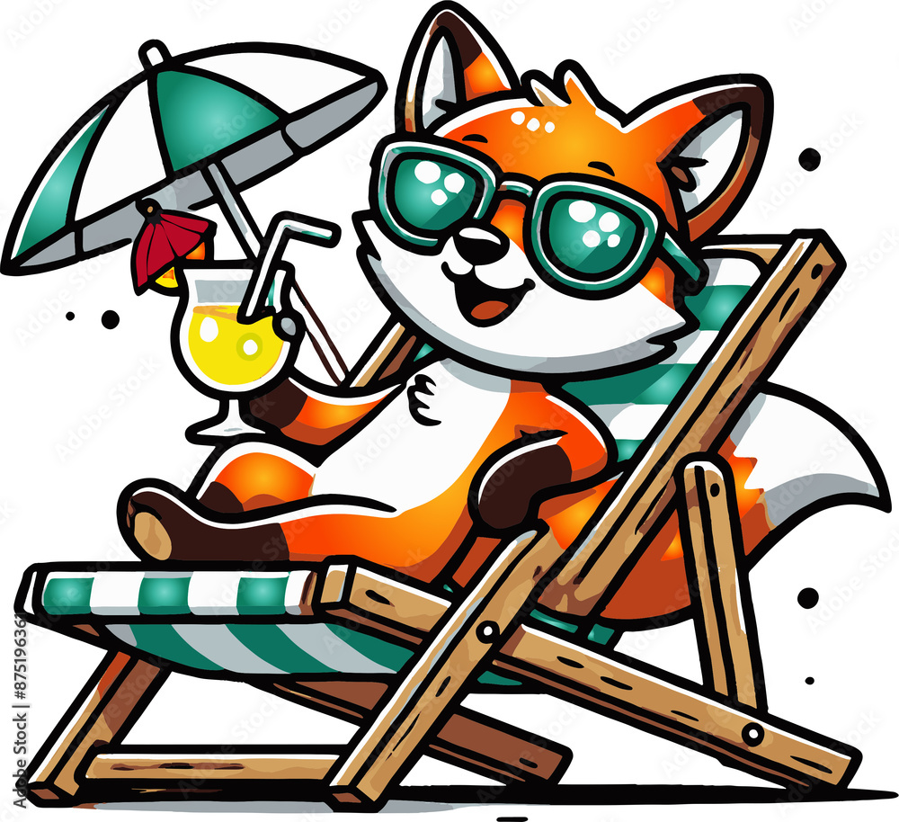 Ein fröhlicher Cartoon-Fuchs, der am Strand auf einer Liege entspannt ...