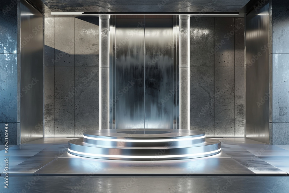 Futuristic design of an elevator cabin with mirrors with neon ...
