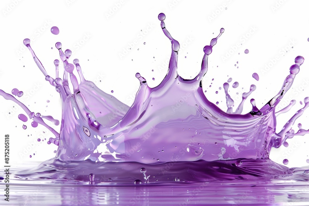 vivid purple water splash, liquid motion element, high-detail rendering, bright and dynamic ...