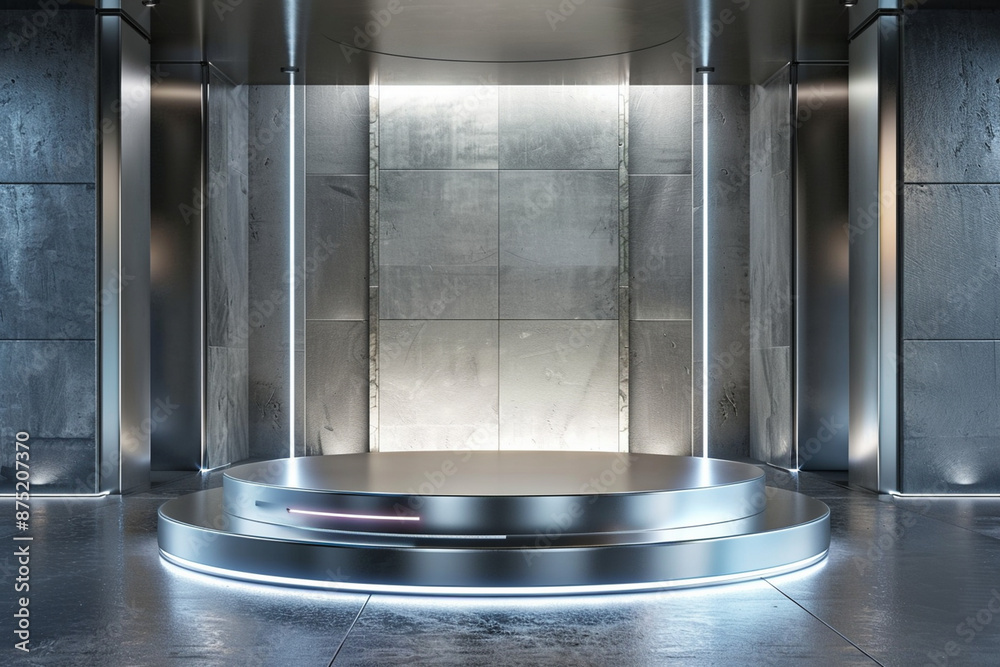 Futuristic design of an elevator cabin with mirrors with neon ...