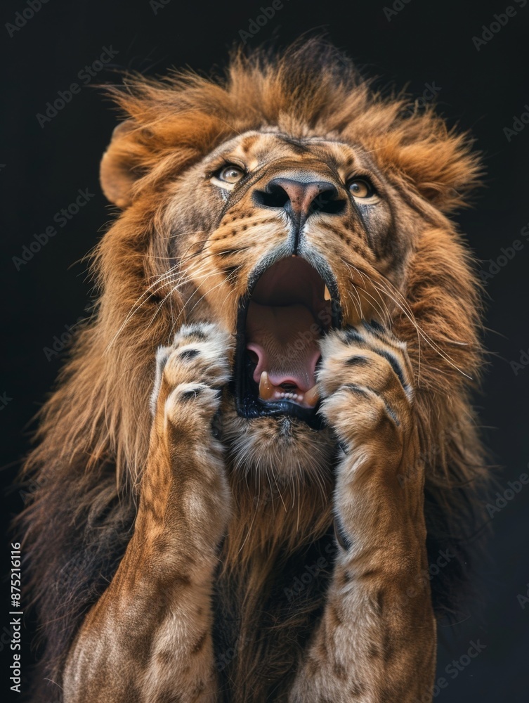 A very surprised and shocked lion with its mouth open and paws touching ...