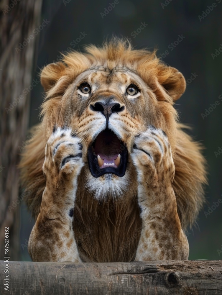 A very surprised and shocked lion with its mouth open and paws touching ...