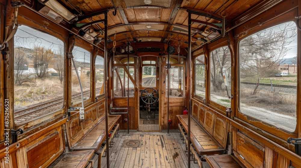 An old tram car in Linares, Spain has wooden seats and ceiling, and ...