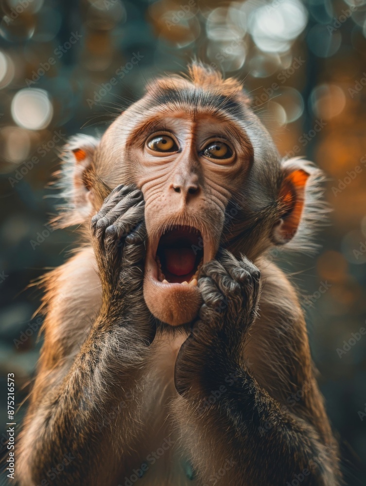 A very surprised and shocked monkey with its mouth open and paws ...