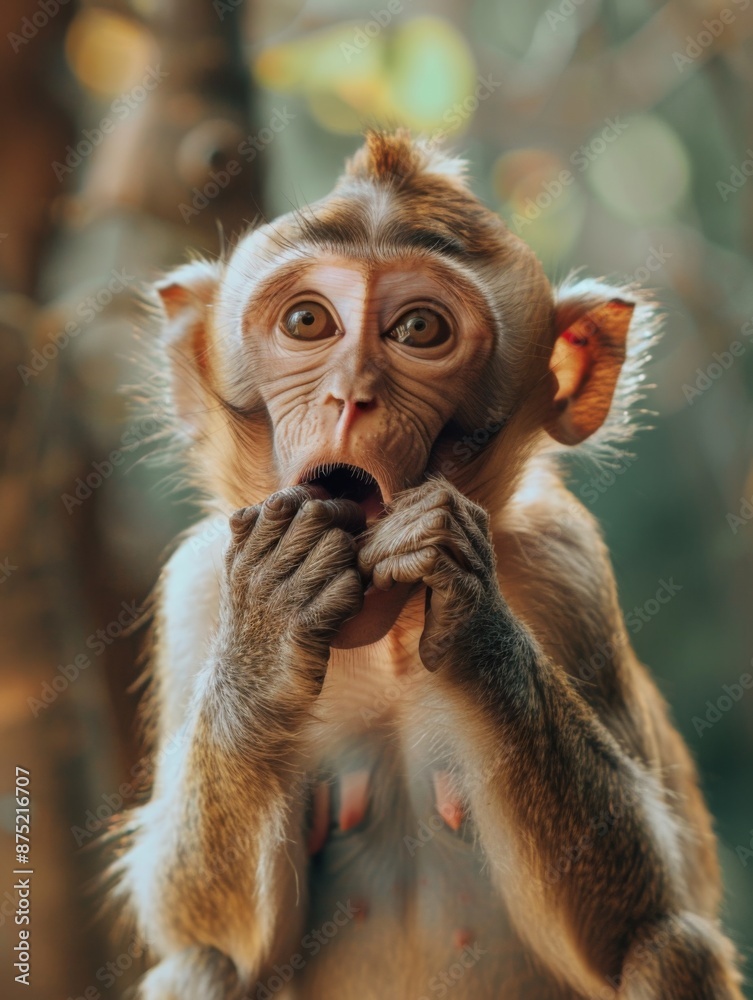 A very surprised and shocked monkey with its mouth open and paws ...