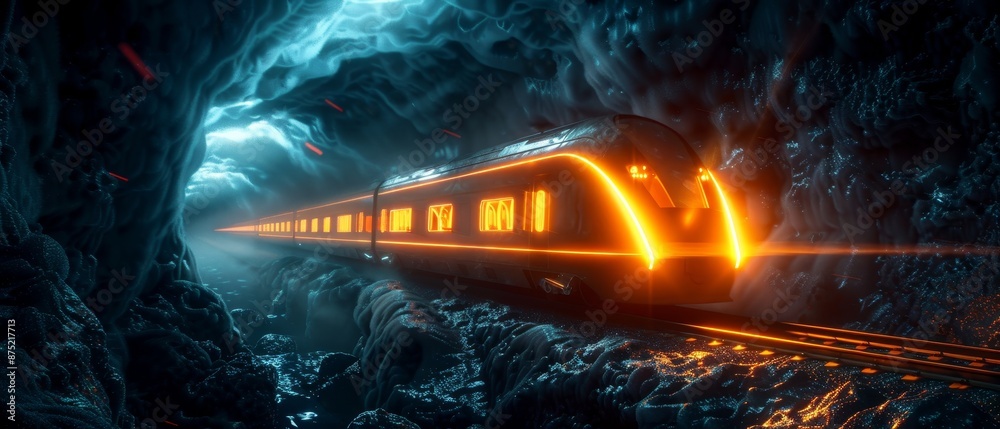 Nighttime view of electric train with glowing lights moving through a ...