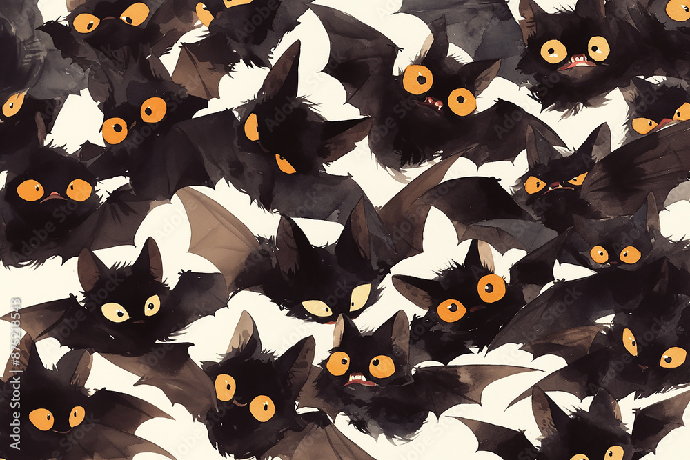 A black and white drawing of a bunch of bats with their eyes open ...