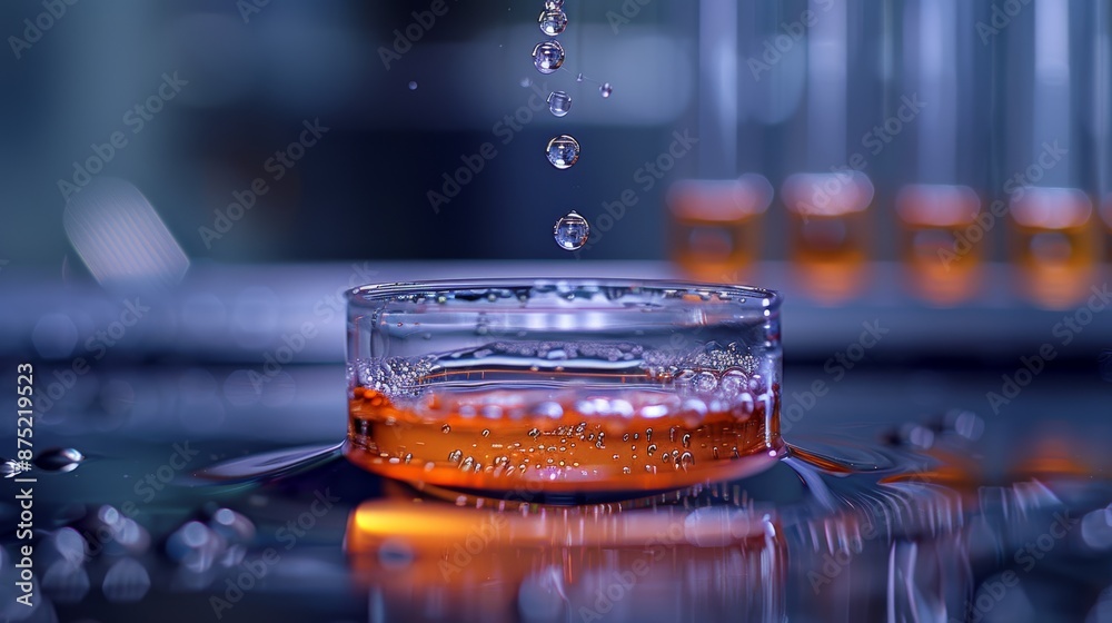 A macro shot of a droplet of solvent being added to a sample in a test ...