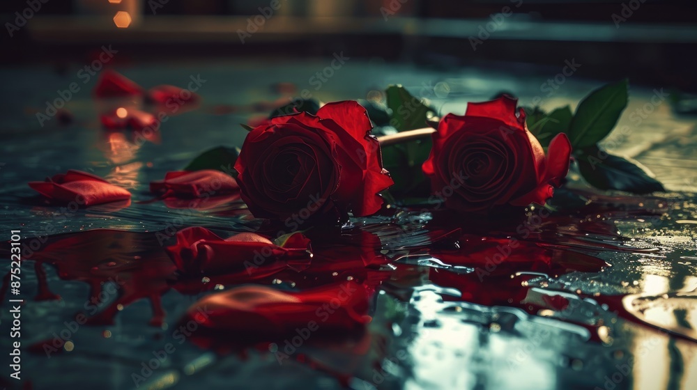 Roses lying in a pool of blood on the floor, a stark representation of ...