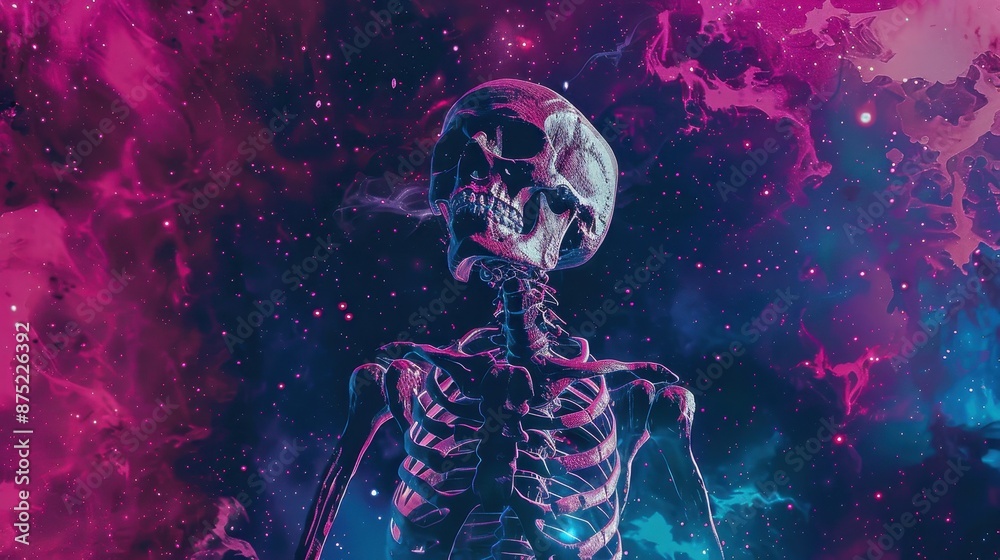 Astral skeleton illuminated by vibrant, colorful cosmic nebula backdrop ...