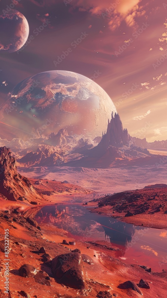 Stunning alien landscape with red rocky terrain, distant mountains, and ...