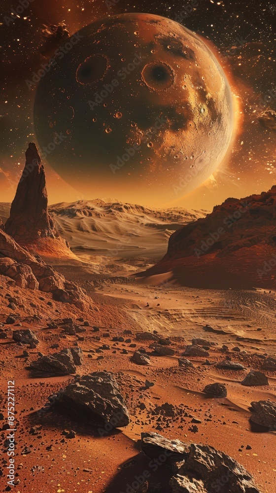 ภาพประกอบสต็อก Stunning alien landscape with rocky terrain, towering ...