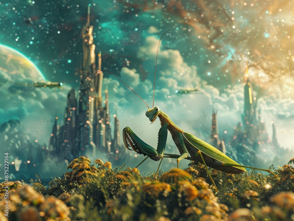 Stunning surreal scene of a praying mantis in a futuristic alien ...