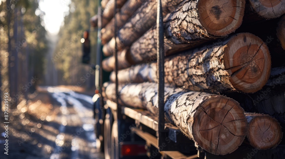 Timber truck transporting cut trees from forest along highway ...