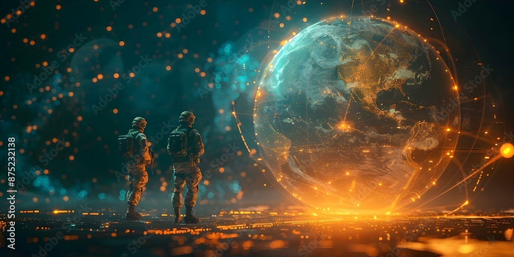 Digital globe with soldiers symbolizing global cyber warfare in digital ...