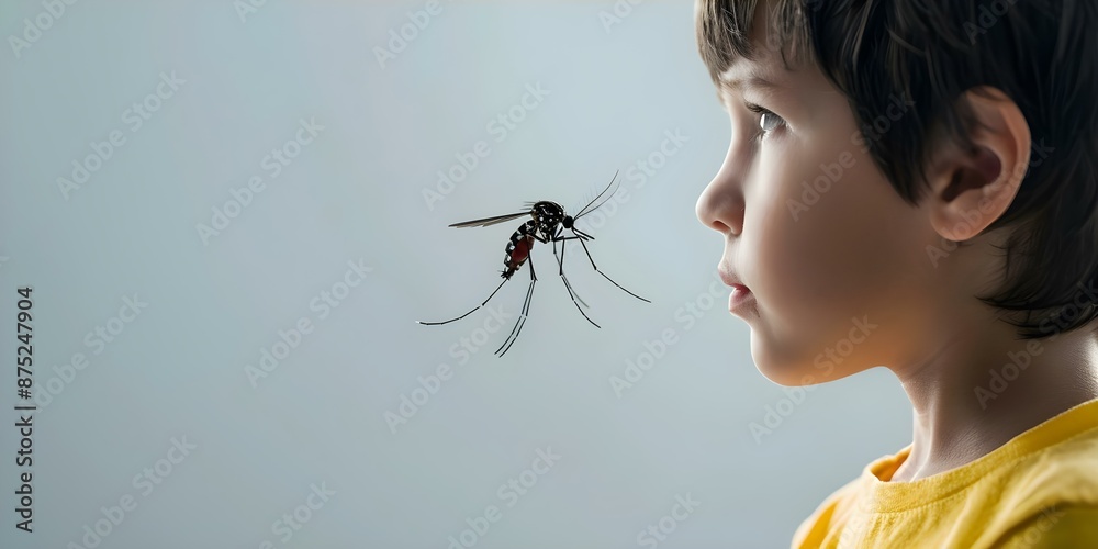 Protecting a scared cartoon boy from a large mosquito to prevent ...