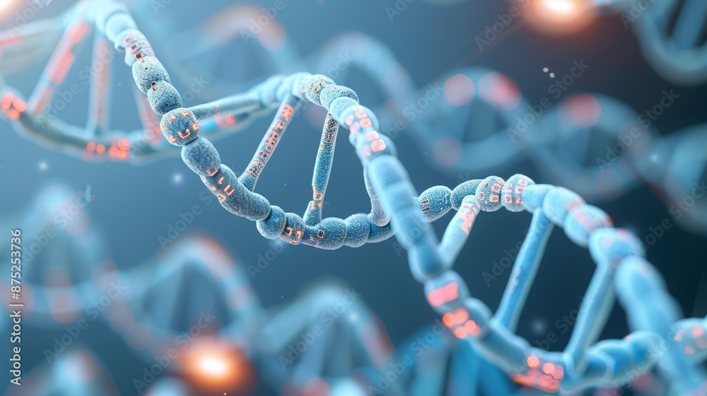 Intricate close-up of bioengineered DNA strands interwoven with gene ...