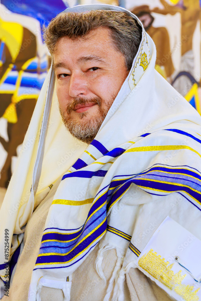 Rabbi wearing traditional Jewish clothing in synagogue during prayer ...