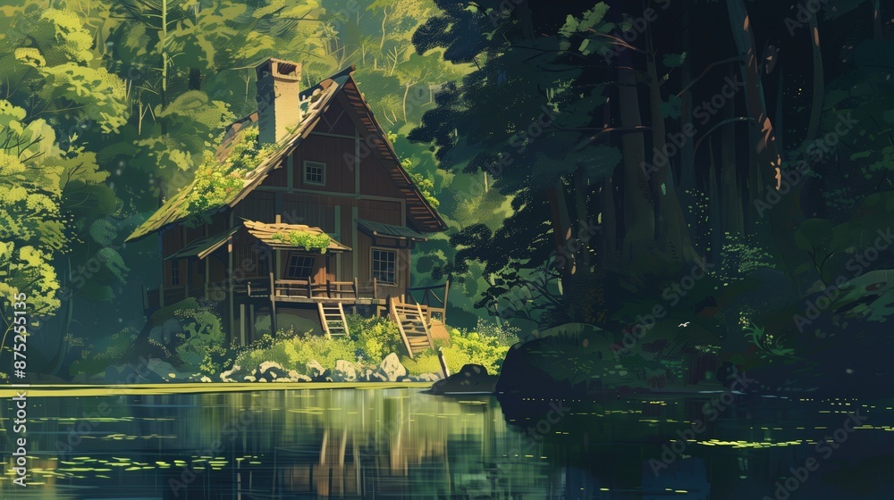 A wooden hut in the forest, very detailed and clear. Background ...