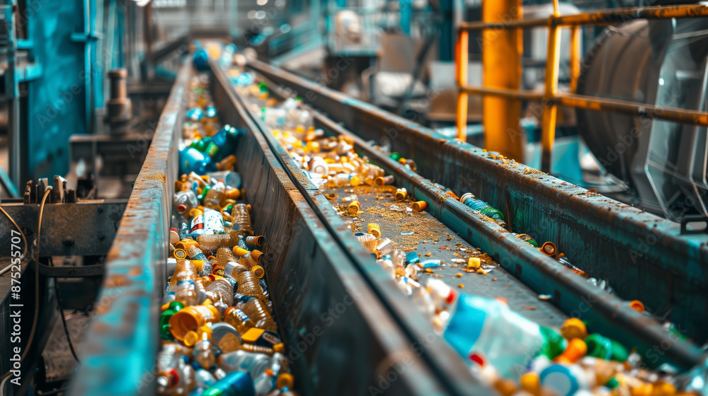 Plastic bottles and caps on wet conveyor belt in recycling facility in ...