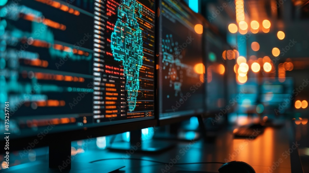 Ai Algorithm Development On Multiple Computer Screens Displaying Complex Data Visualizations In