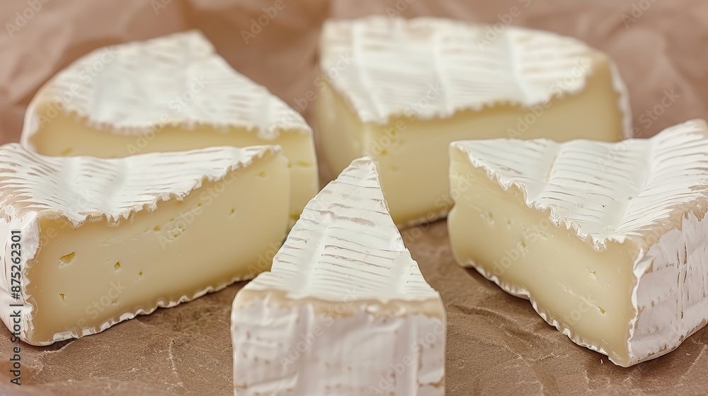 A close-up shot of creamy unaged Camembert cheese, showcasing its soft ...