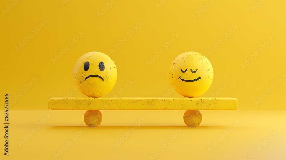 Yellow spheres textured with happy and sad face emojis on a yellow ...