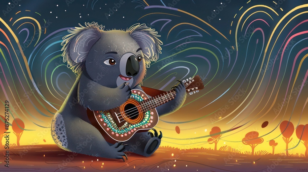A cartoon koala playing a folk guitar, against an Australian outback ...