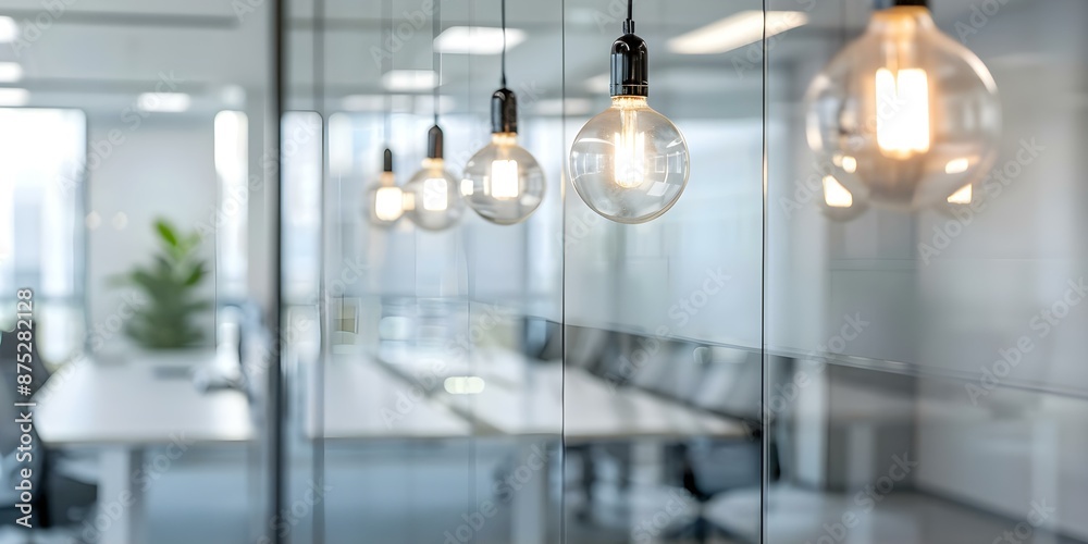 Fluted glass dividers in a small office illuminated by light fixtures ...