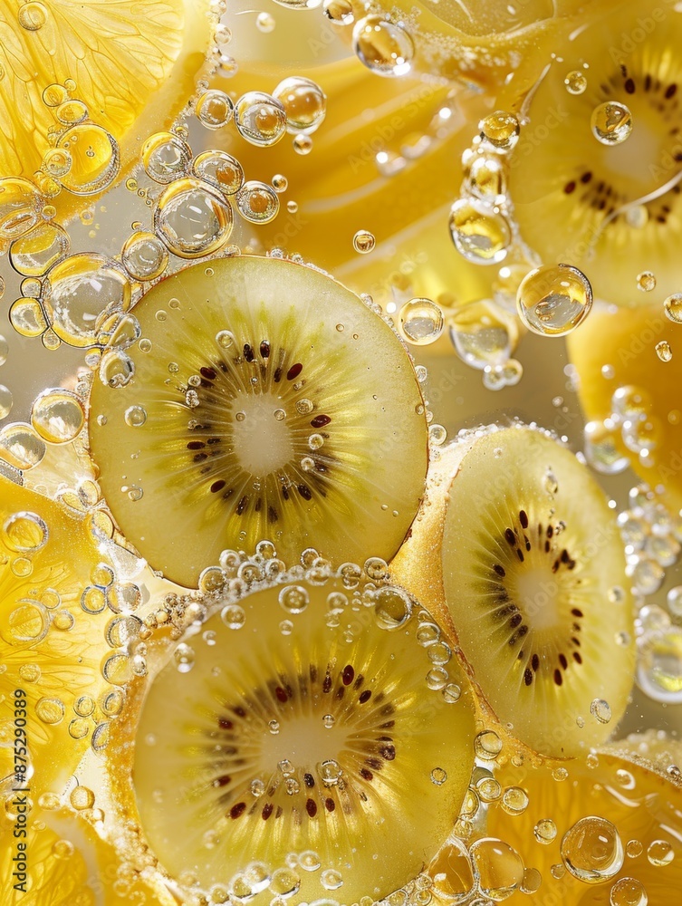 yellow kiwi slices submerged in sparkling water with visible air ...