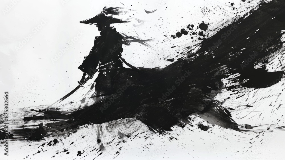 ภาพประกอบสต็อก Abstract black ink samurai brush painting on white ...