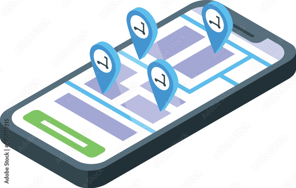 Isometric smartphone displaying a map with scooter location pins for a ...