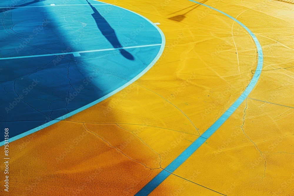 Blue and yellow basketball court with hoop in the middle for sports and ...