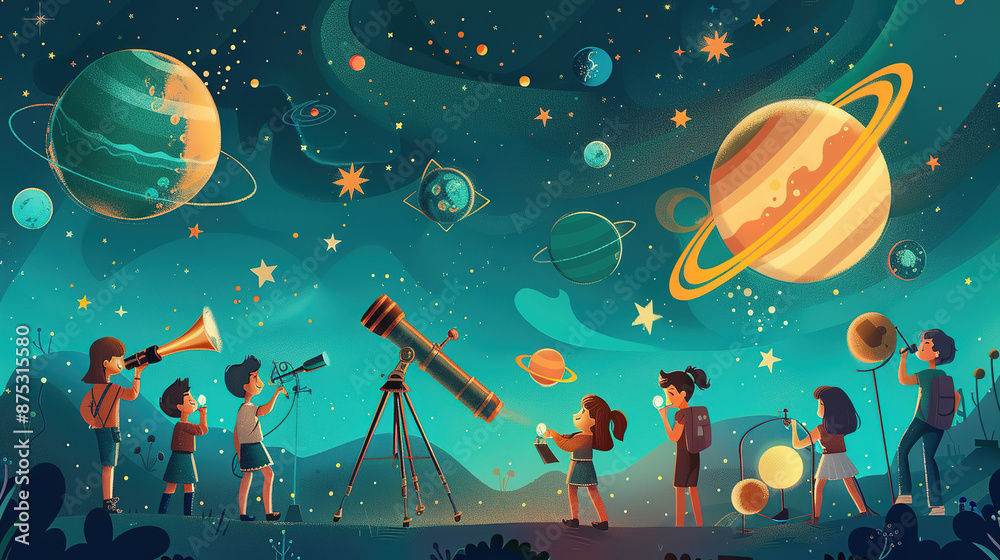 Friendly cartoon astronomers celebrating Astronomy Day under a starry ...