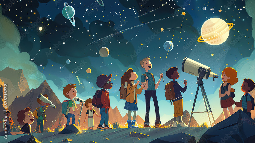 Friendly cartoon astronomers celebrating Astronomy Day under a starry ...