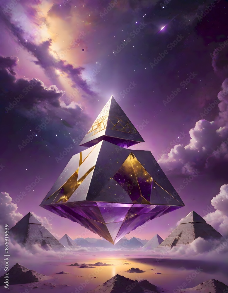 Surreal scene featuring a floating, glowing pyramid with cracks set ...