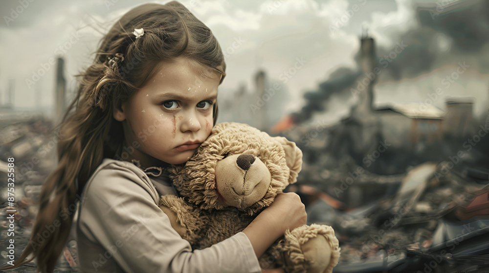 niña llorando abrazando su oso de peluche en un mundo destruido por la ...
