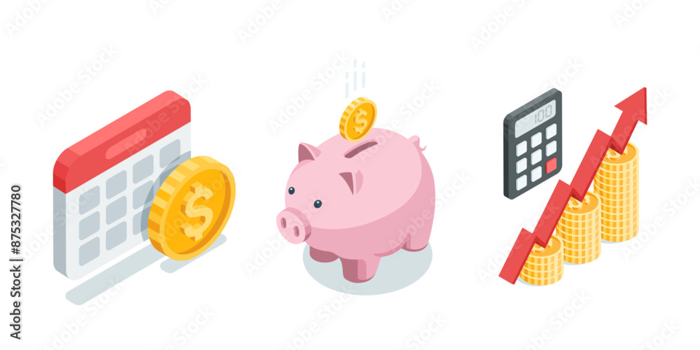 isometric vector set of piggy bank and calendar with coin and chart ...