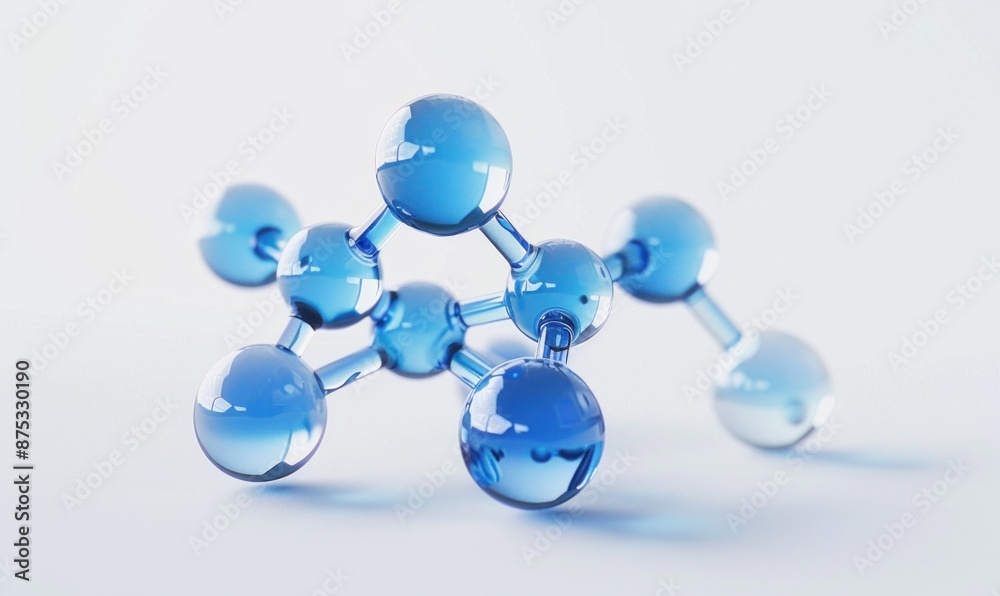 Detailed 3D blue molecule model with transparent texture on a ...