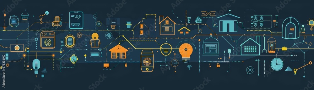 Connected intelligent devices and smart home technology icons overlay a ...