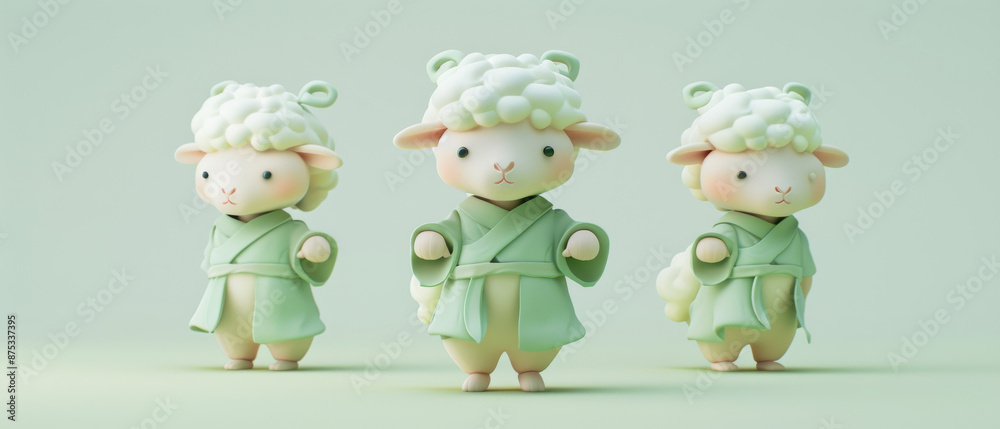 Three lamb characters dressed in matching traditional attire stand ...