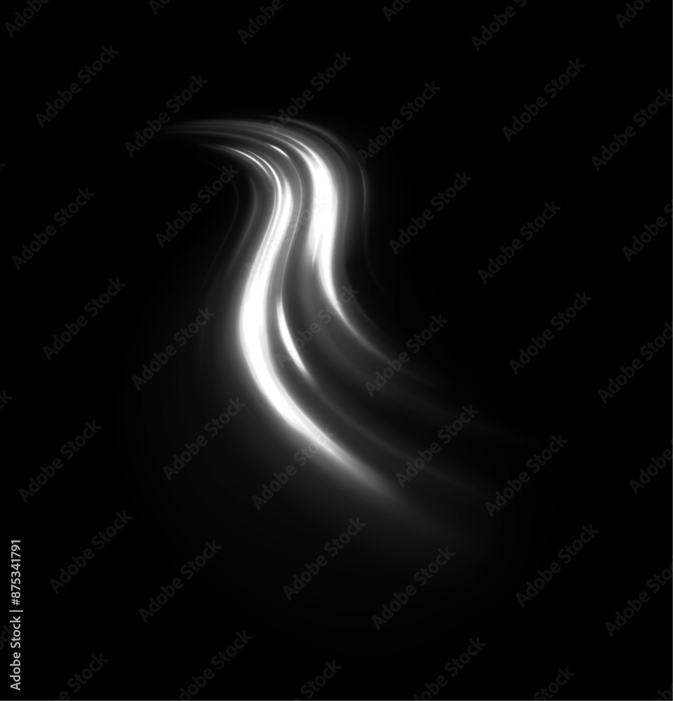 Luminous white lines of speed. Twist white line. Light trail wave, fire ...