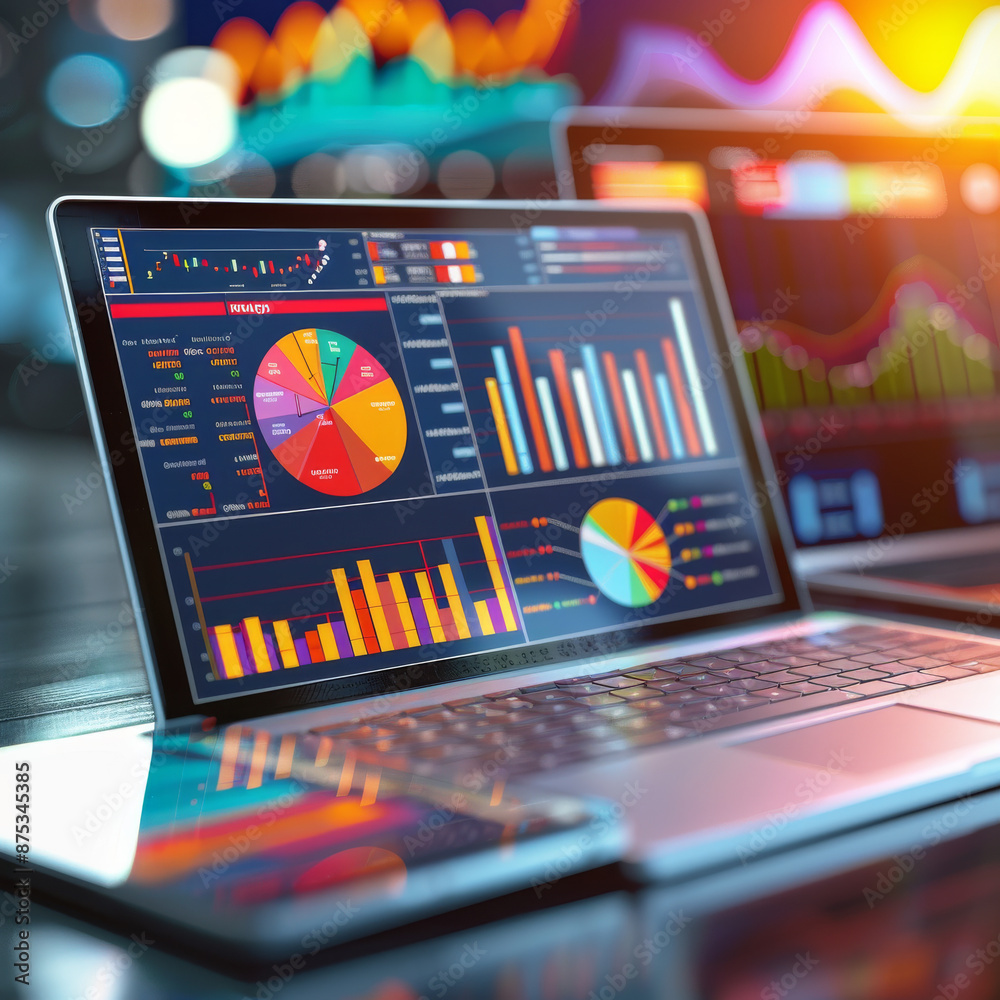 Stats data and digital marketing concept with a perspective view of ...