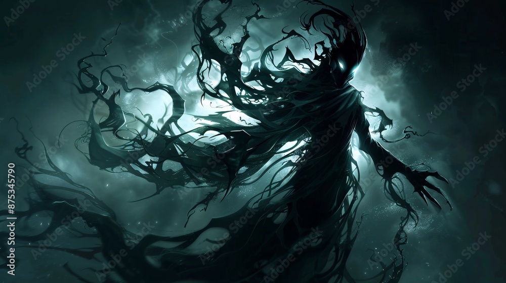 Shadow devourer skill icon in an RPG game, fantasy style, featuring shadows coalescing into a ...