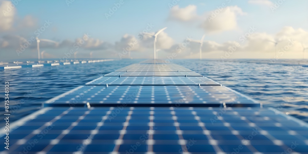 Renewable Energy Scene Solar Panels Floating on Reservoir with Wind Turbines in Background ...
