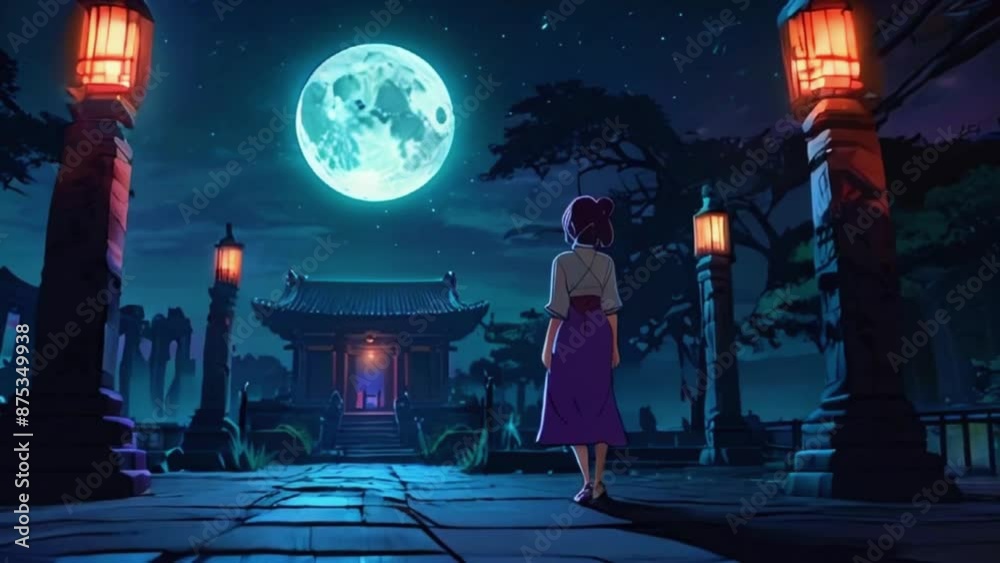 An anime girl explores the grounds of an ancient temple at night. The ...