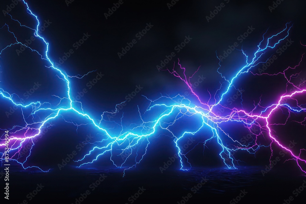 Neon blue and purple lightning bolts striking across a black sky ...