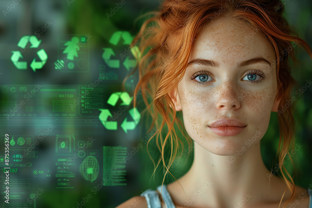 Icons of recycling with eco symbols and a woman, representing ...